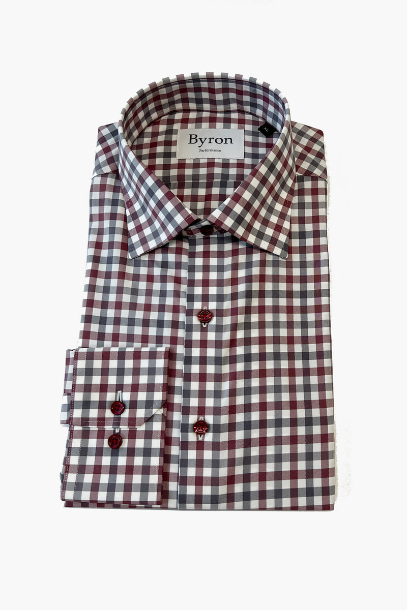 Byron Maroon Grey Box Check Performance Shirt – The Foursome & Boundary ...